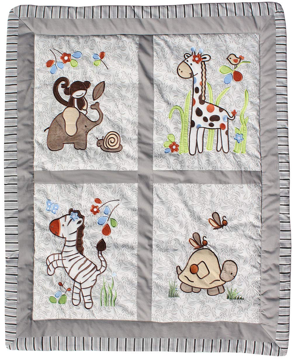 BabyFad Jungle Grey with Elephant, Giraffe, Zebra and Turtle with Musical Mobile Nursery for Boys and Girls, 9 Piece Baby Crib Bedding Set 100% Cotton