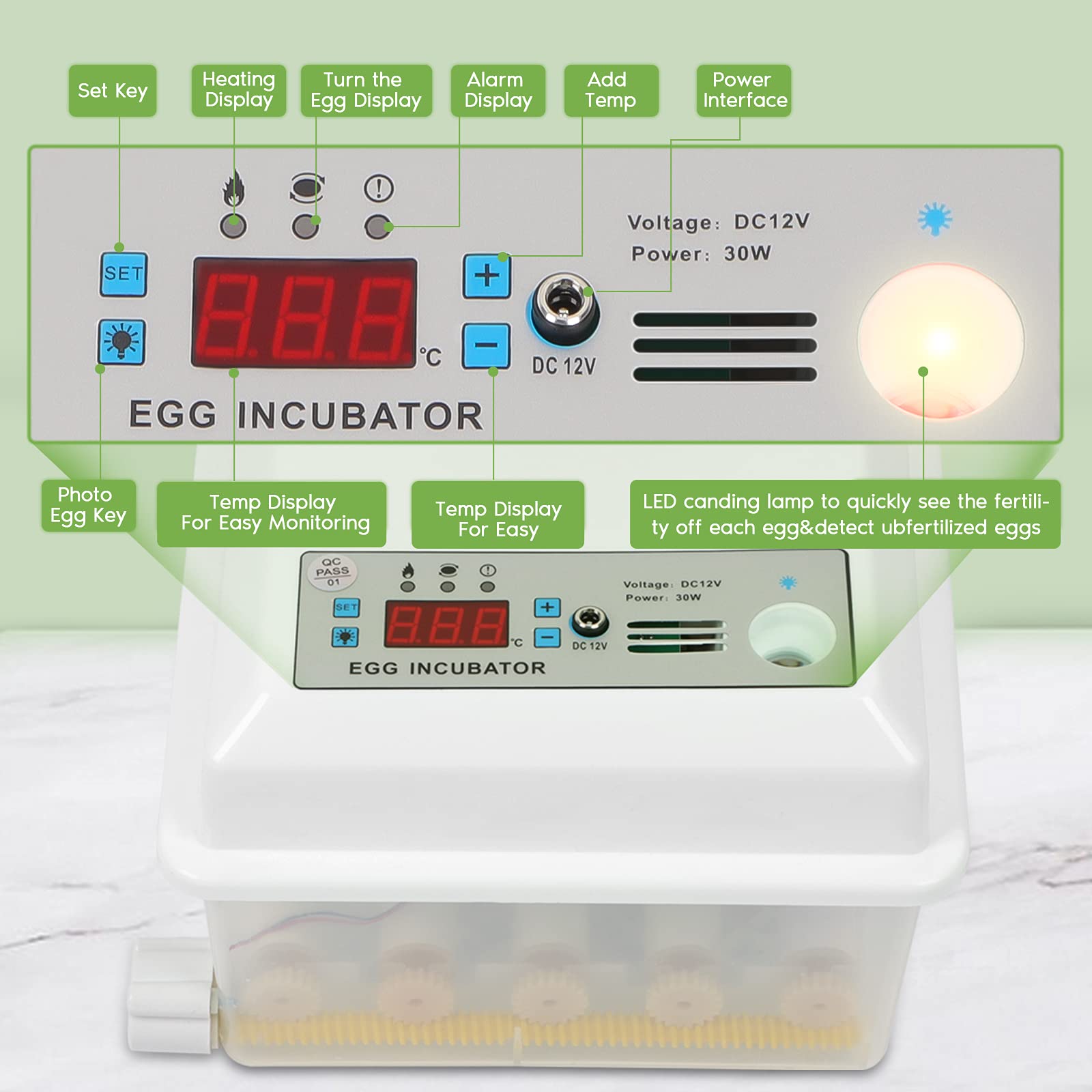 16 Eggs Incubator for Chicken Eggs, Led Candler Automatic Egg Turner Temperature Control,Poultry Hatcher for Chick, Duck, Quail, Goose Eggs