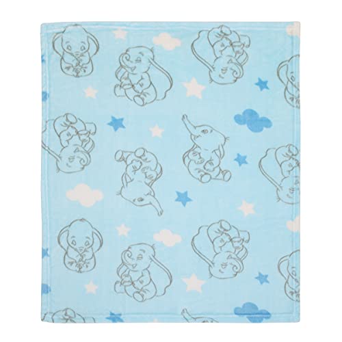 Disney Dumbo Pastel Blue, Grey & White Clouds & Stars Super Soft Baby Blanket, Light Blue, Grey, White