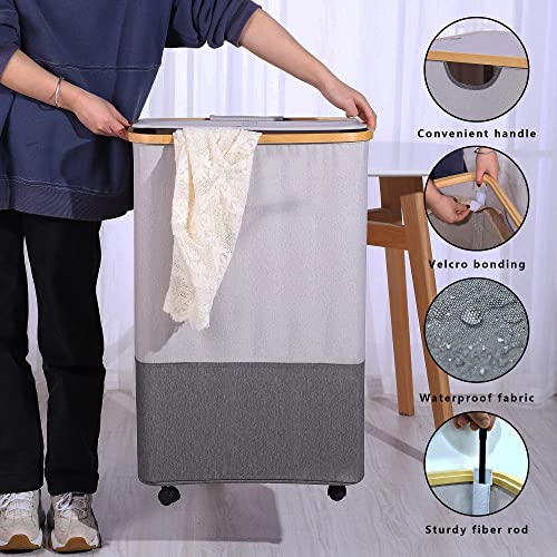 105L Laundry Basket with Wheels β Foldable Laundry basket with Bamboo Handles, Grey Dirty Clothes Hamper with wheels for Bathroom, Bedroom, Room, Closet, Hampers for Laundry, Toys, Clothing