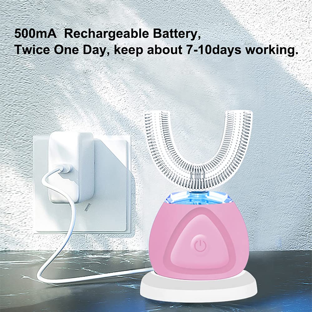 BFE 3rd Generation 360° Ultrasonic Electric Toothbrush with Long Brush Head for Adults Rechargeable Portable Automatic LED Light Infrared Protecting for Gums IPX7 Waterproof Hands Free (Pink)