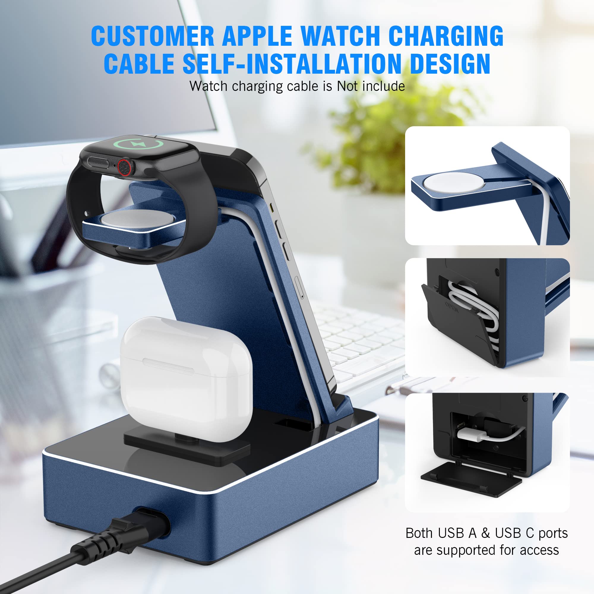 100W Aluminum Alloy Charging Station, 8 in 1Wireless Charging Station for Multiple Devices USB C Charging Station Compatible with iPhone Series, iWatch, (Blue)