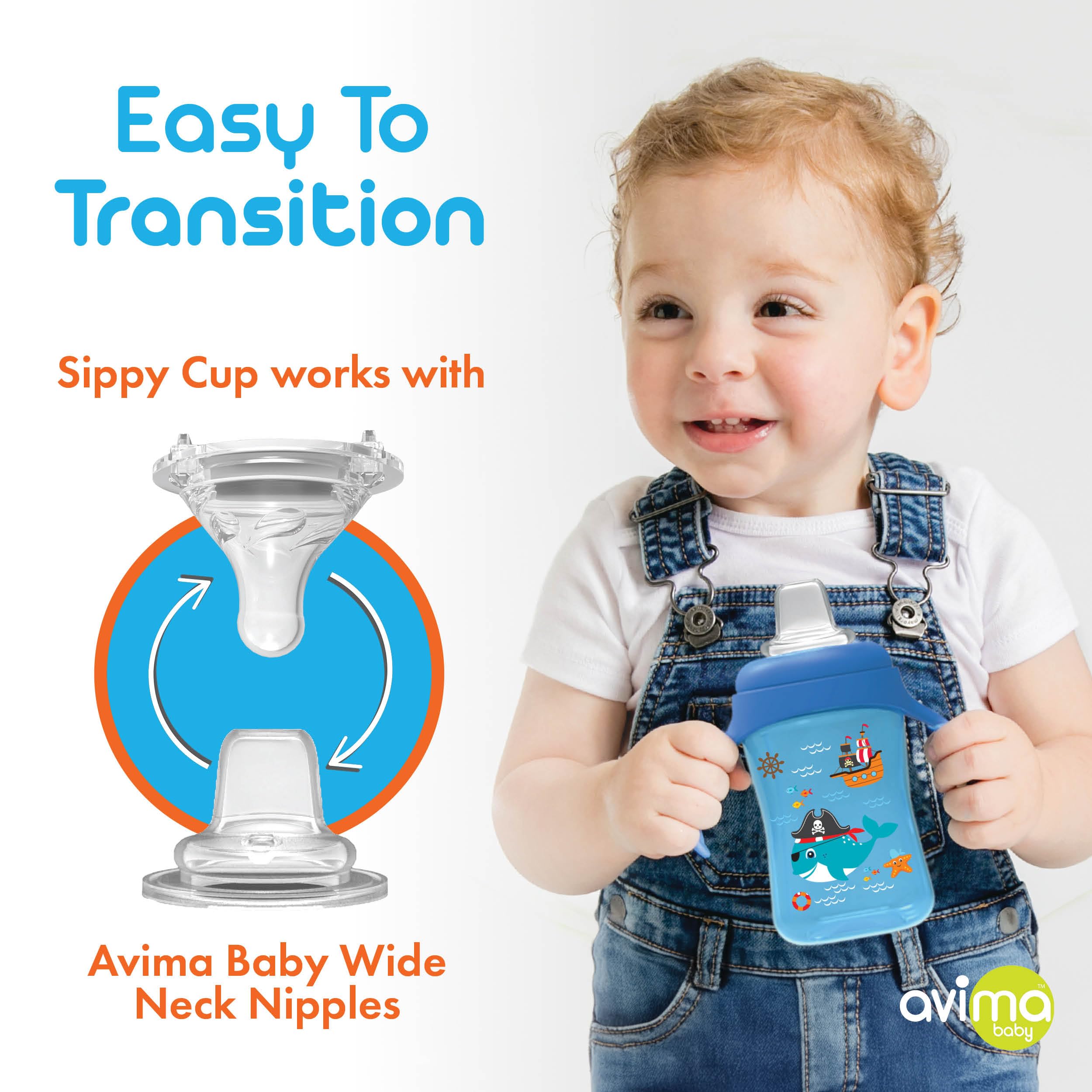 Avima Baby 10 oz Spill Proof Baby Sippy Cup w/Interchangeable Soft Spout Nipple - Trainer Sippy Cup with Handles - BPA Free & Dishwasher Safe Kids Cups - Set of 2, Blue