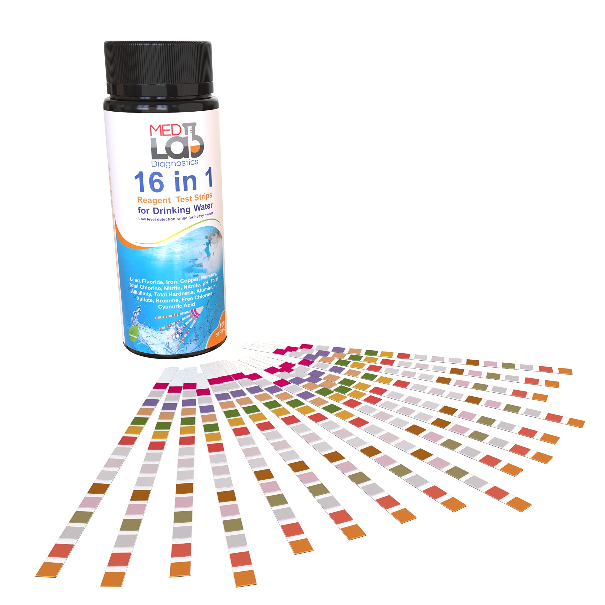 16 in 1 Drinking Water Test Kit Strips, 100 cnt. Home Water Quality Test for Tap Water, Pool, Spa. Strips for Water Hardness, Total Chlorine, Mercury, Lead, Aluminum, Fluoride, Iron, pH and More