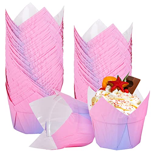 100 Pack Tulip Baking Cupcake Liners, Food Grade Greaseproof Paper Dessert Cup, Festival Gradient Color Muffin Cups Holder, 2x2 inches Cake Container Wrapper for Party, Wedding, Birthday, Christmas