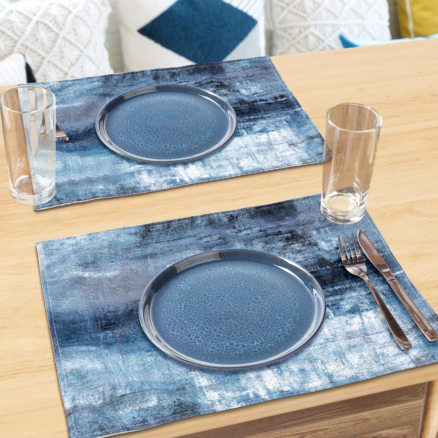 Blue and Grey Placemats Set of 4 Modern Abstract Art Placemats Heat Resistant Non-Slip Artwork Dining Placemats Washable Table Mats for Home Kitchen (Blue and Grey, 18"X12")