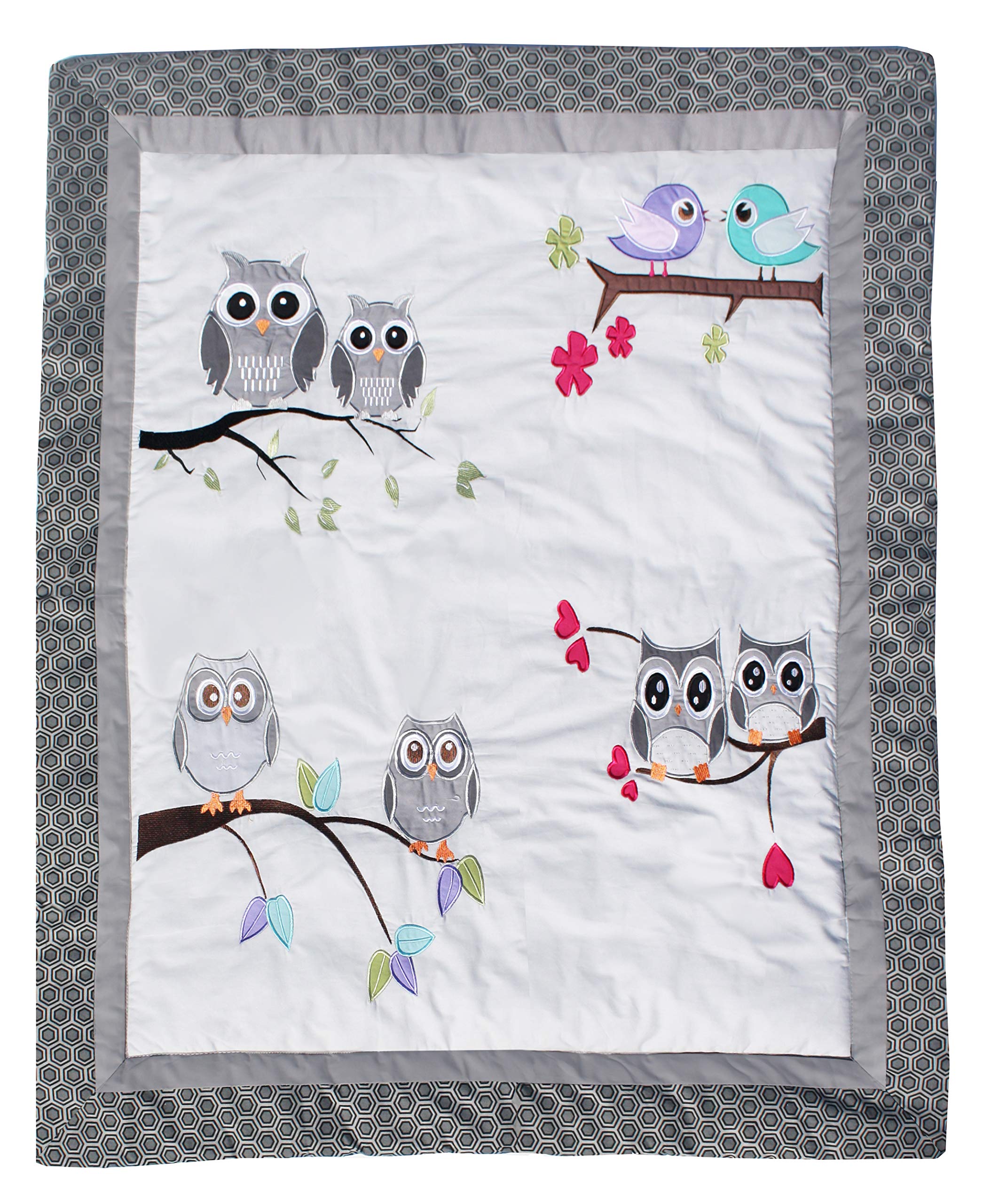 BabyFad Owl Grey White Nursery 9 Piece Baby Crib Bedding Set 100% Cotton