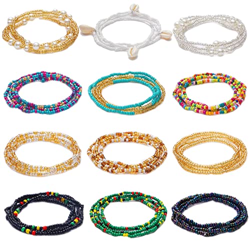 12PCS 24-70 Inches Plus Size Waist Beads Chains for Women Handmade African Belly Beads Layered Body Chain Beach Bikini Jewelry