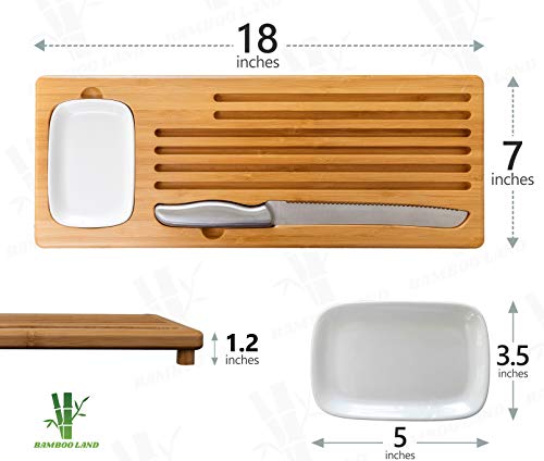 Bamboo Land- Bamboo Sweep Off Baguette Board with Bread Crumb Catcher and Ceramic Dipping Dish, 18β x 7β, Bread Cutting Board with Crumb Catcher, Board for Cutting Bread, Bread Cutter Knife