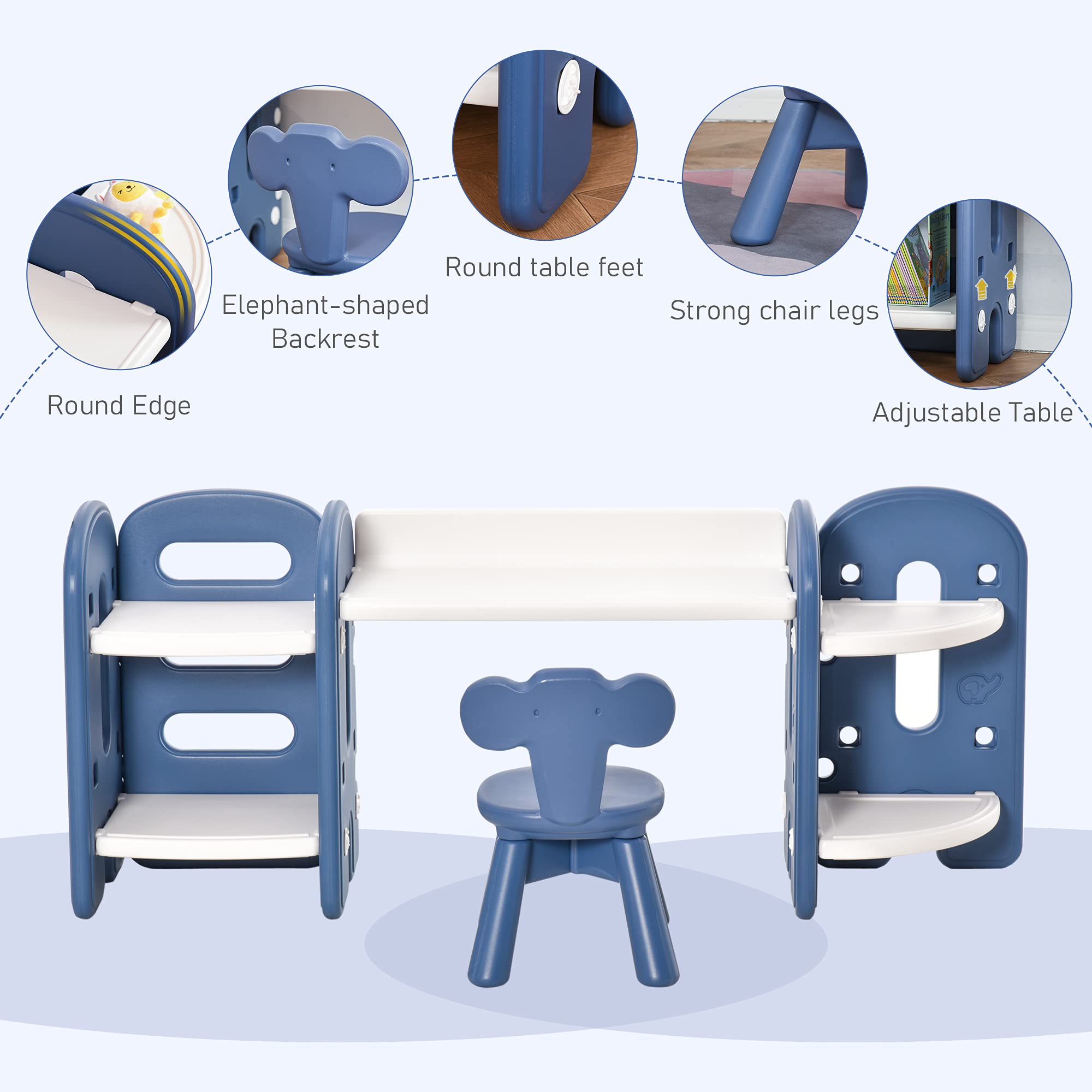 Qaba Kids Table and Chair Set, Activity Desk with Bookshelf & Storage for Study, Activities, Arts, or Crafts, Blue and White