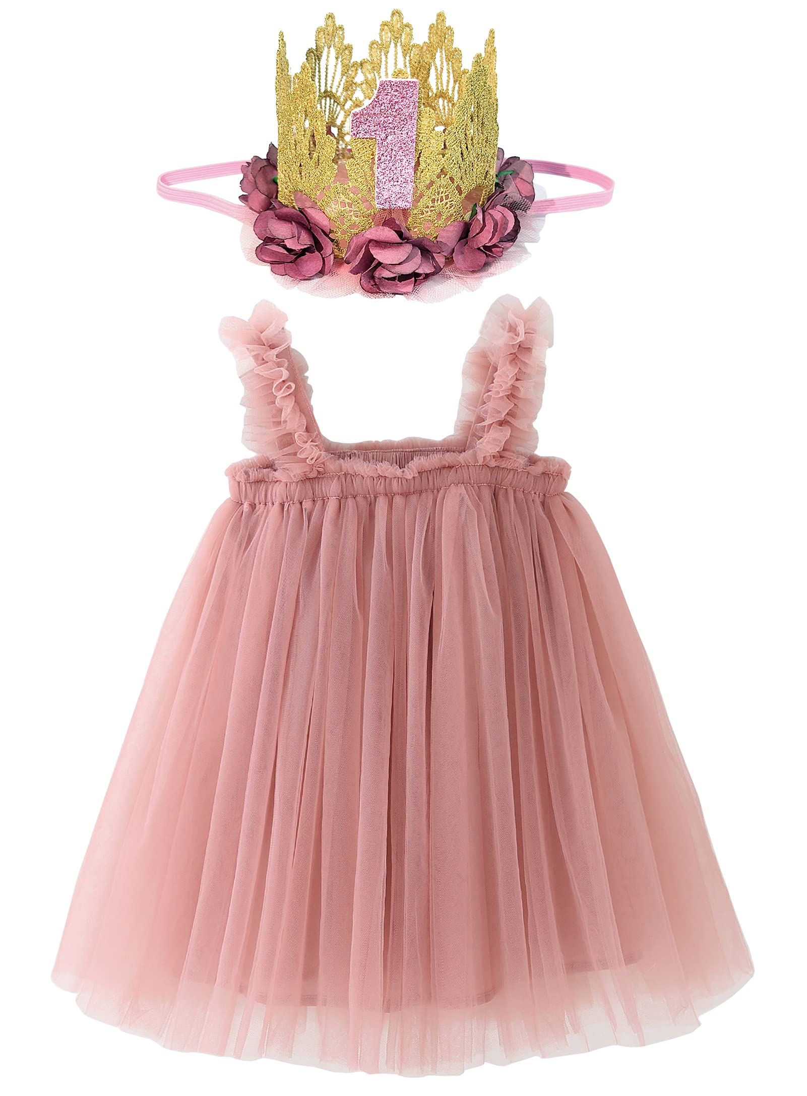 BGFKS Tutu Dress for Baby Girl 1st Birthday Photography Outfit Sets, Dress for Toddler Girls with Lace Rose Flower Crown.(Dusty Rose)