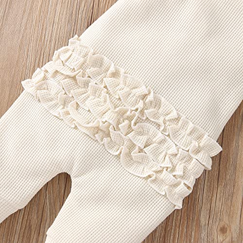 Newborn Baby Girl Ruffle Romper Knit Sweater Onesie Jumpsuit Long Sleeve Zipper Onesie Solid Fall Winter Outfits (A Waffle Knit Apricot,0-3 Months)