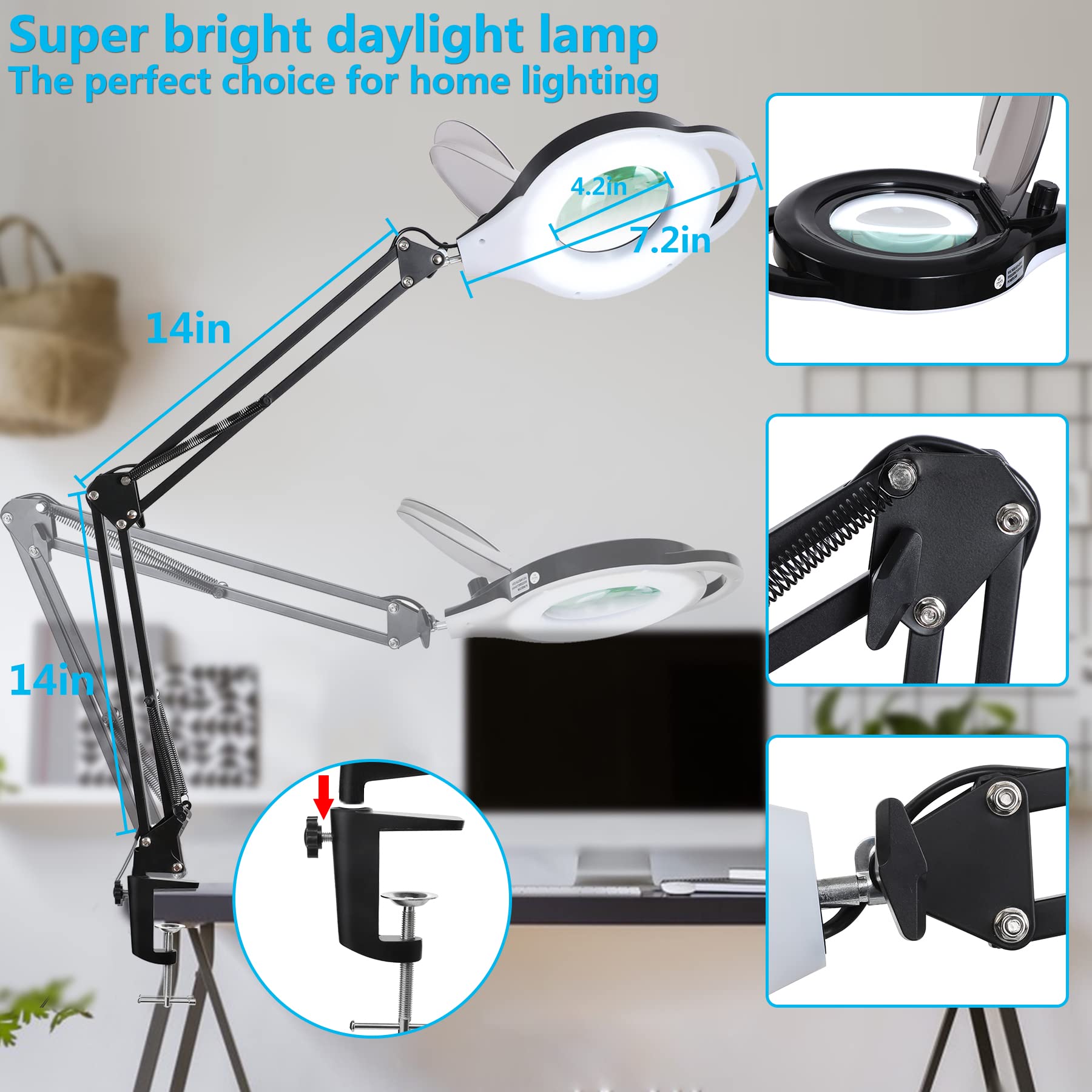 10X Magnifying Lamp with Clamp, KIRKAS 2200 LM Super Bright and Stepless Dimming Magnifying Glass with Light, Real Glass Lens Lighted Magnifier Light for Close Work, Crafts, Reading, Repair - Black