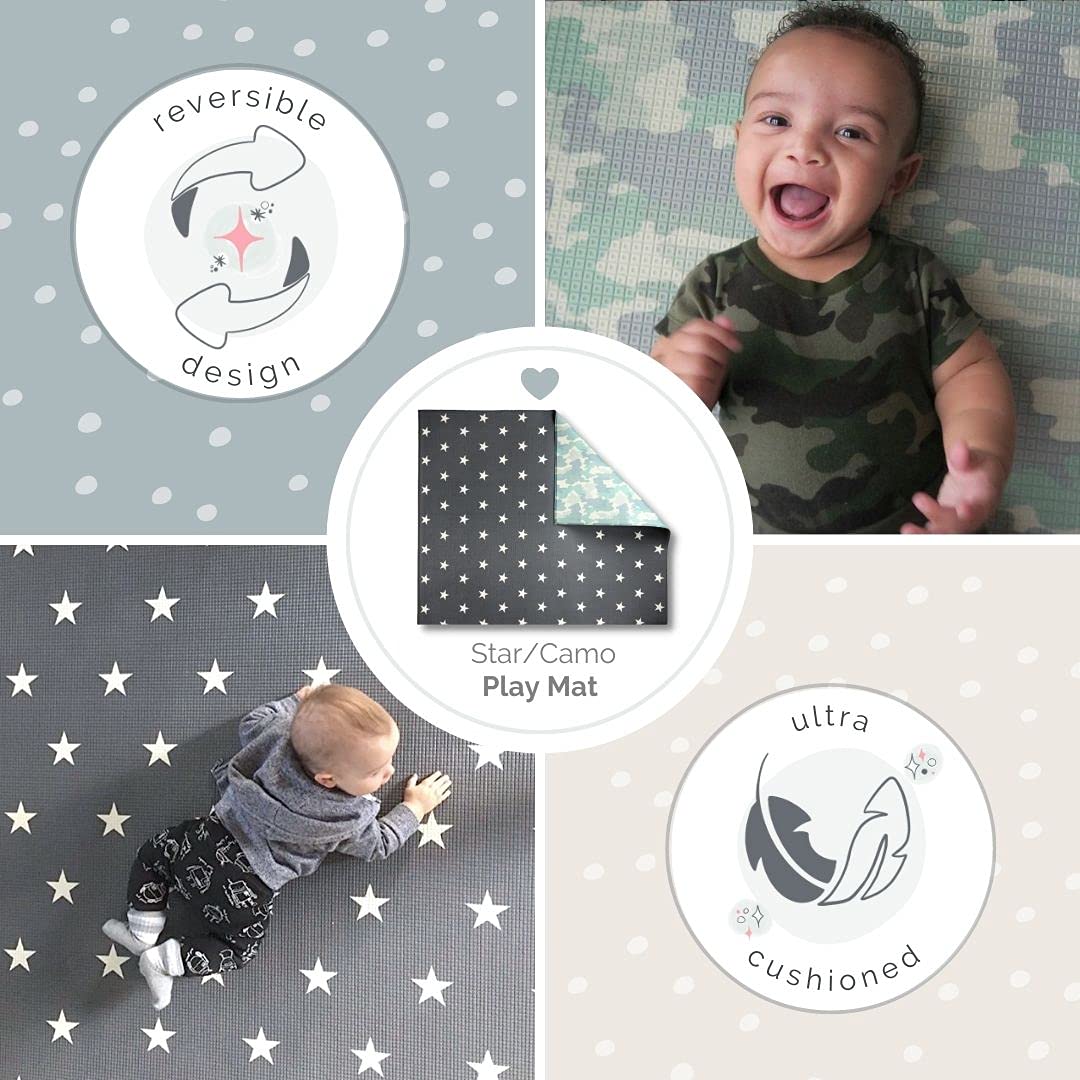 Large Waterproof Thick Padded Foam Baby Play Mat for Infants, Babies, Toddlers - for Play, Crawling & Tummy Time - 70 x 59 in. - Reversible, Double-Sided, Non-Toxic, Non-Slip Playmat - Star/Camo