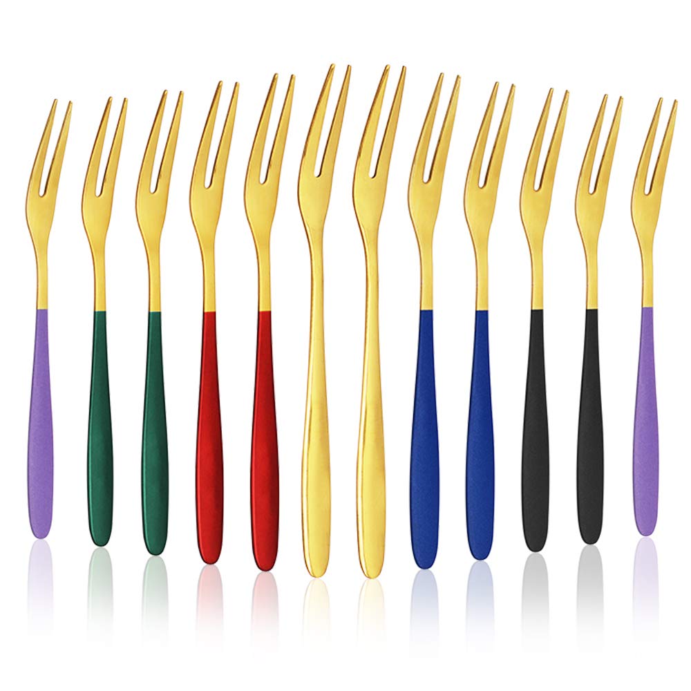 12PCS Appetizer Dessert Forks, 304 Stainless Steel Fruit Forks Set, Colorful Mini Salad Fruit Fork for Party Banquet Cocktail Dessert Fruit Cakes Afternoon Tea Wedding (5.3IN)