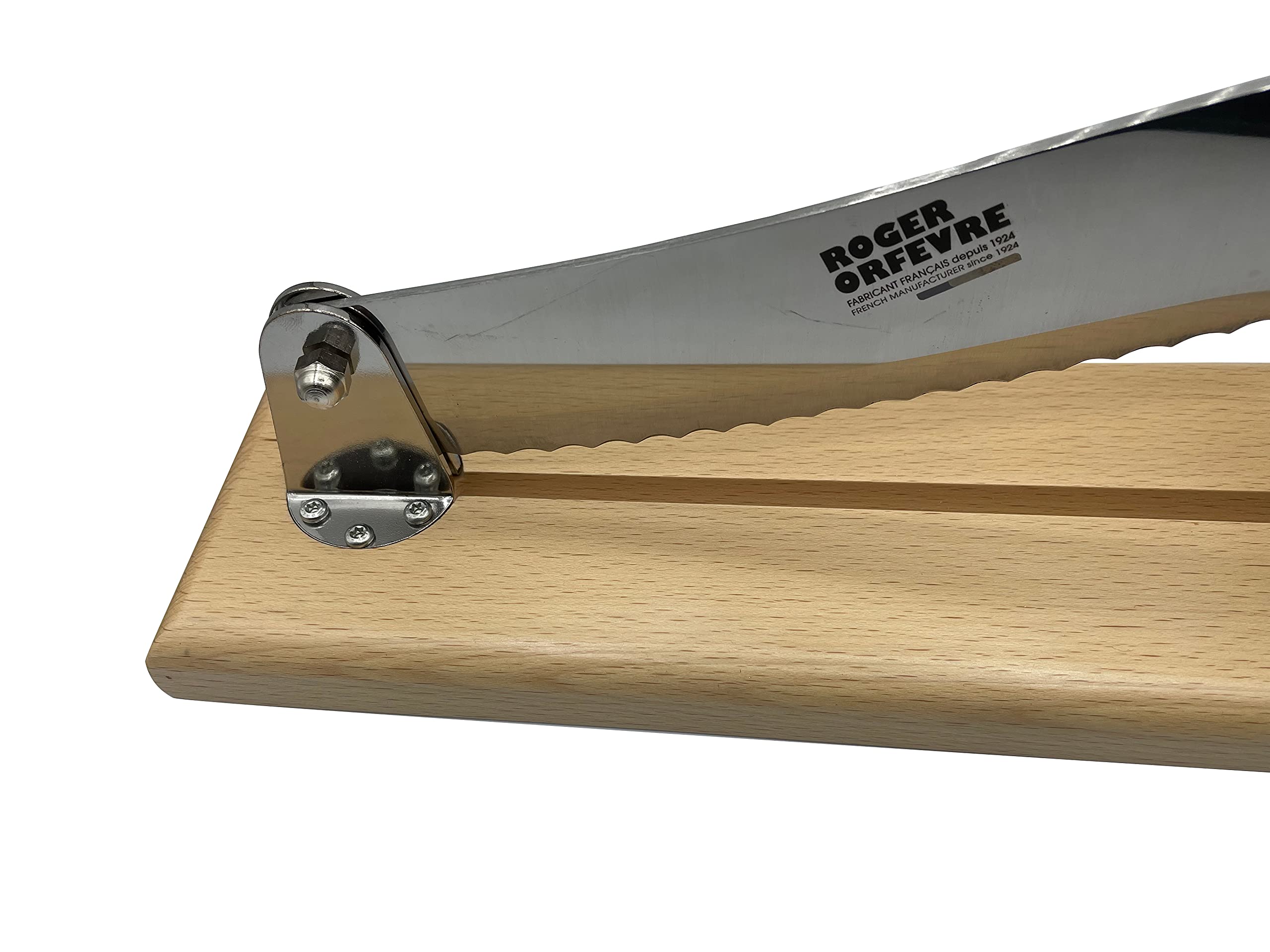 ROGER ORFEVRE Made in France Serrated Edge Sharp Premium Full Tang Stainless Bread Knife / Cutter With Natural Wood Rest And Varnished Beechwood Handle, 9.5-in
