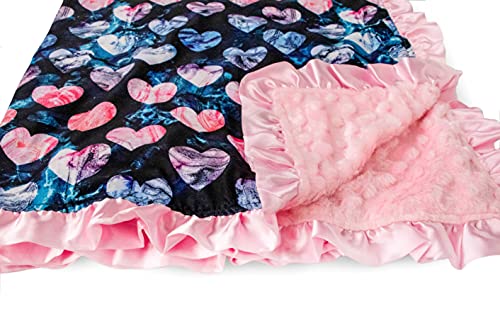 Top Tots Baby Blanket - Small Colored Hearts with Pink Minky Dot & Satin Ruffle, 31 x 31 Inch Blue