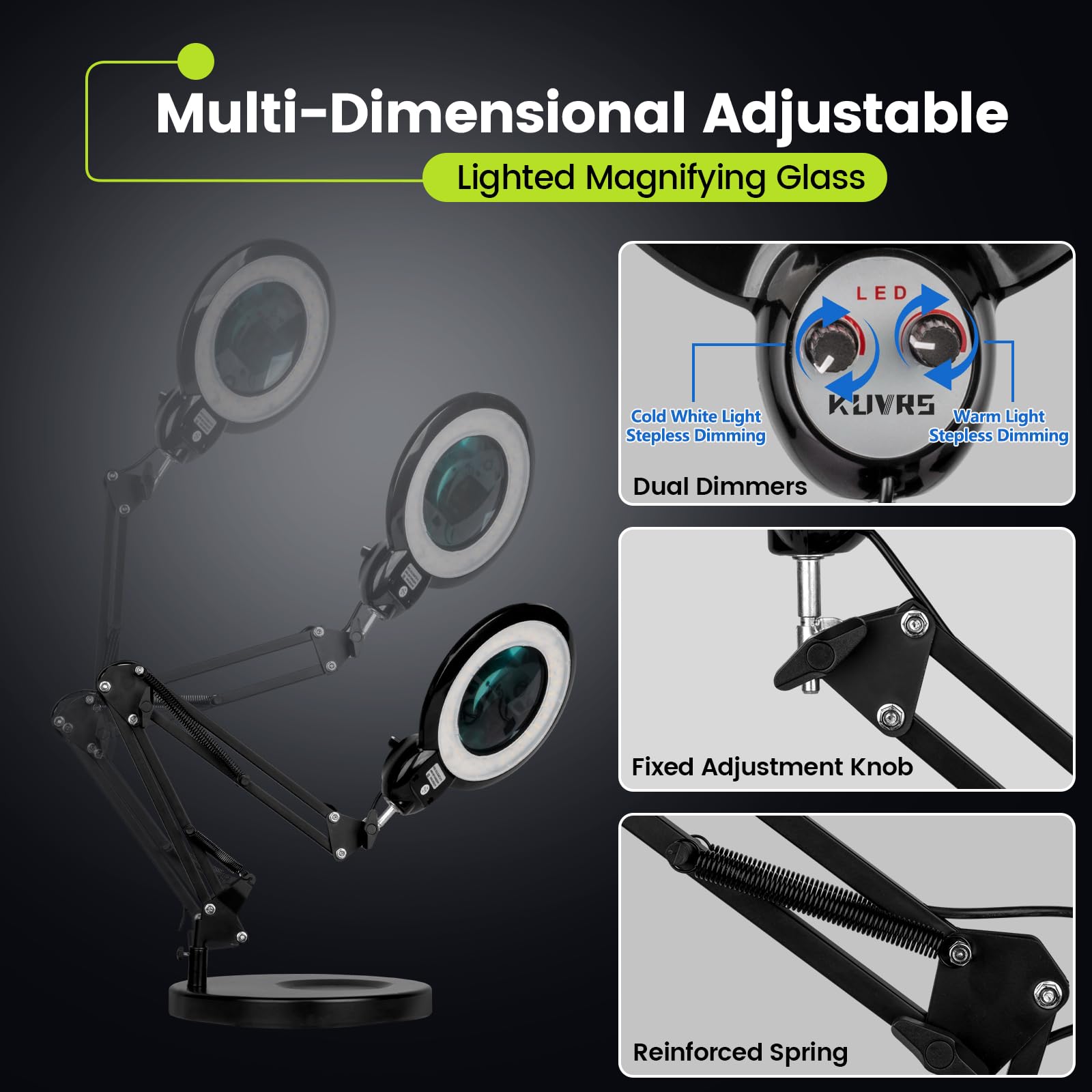 10X Magnifying Glass with Light and Stand,KUVRS 2200 Lumen Infinite Color Temperature Stepless Dimming Magnifying Lamp, Head Dual Dimmer Adjustable Swing Arm Magnifier with Light Soldering Craft Hobby
