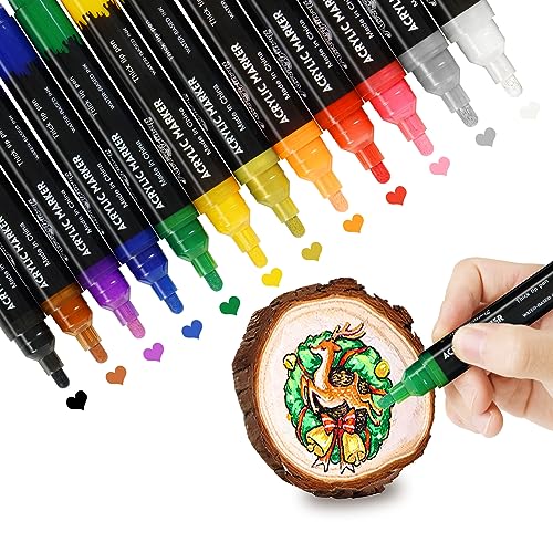 12 Colors Acrylic Paint Pens Set , Medium Tip Permanent Markers for Rock Painting , Canvas, Tires, Wood, Metal, Scrapbooking, Fabric, Glass, Ceramics, DIY Craft making and Decorative Art Supplies