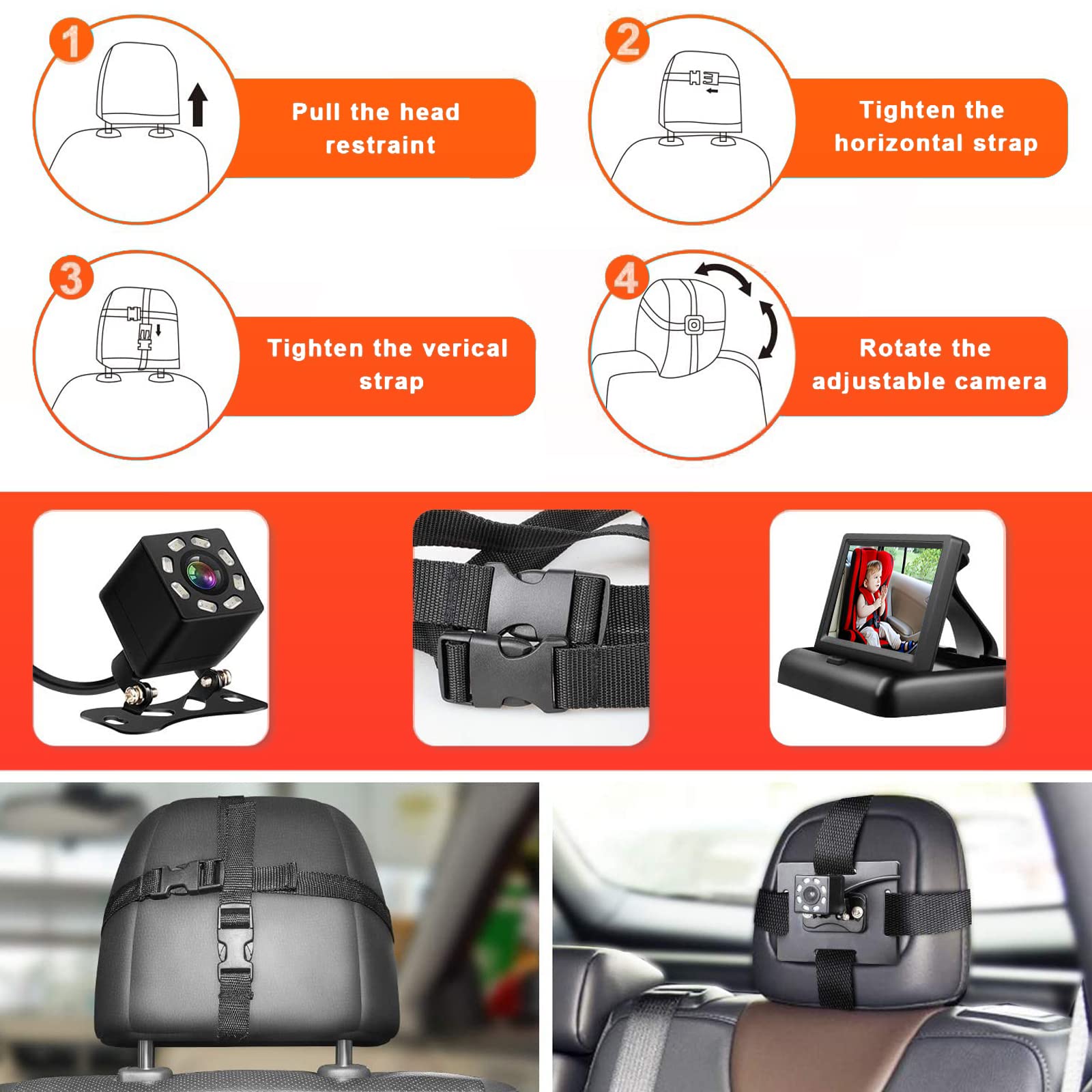 BAOHZ Baby Car Camera,4.3-Inch HD Night Vision Display, Safety Car Seat Mirror, Easily Observe The Baby's Moveat at Any Time While Driving
