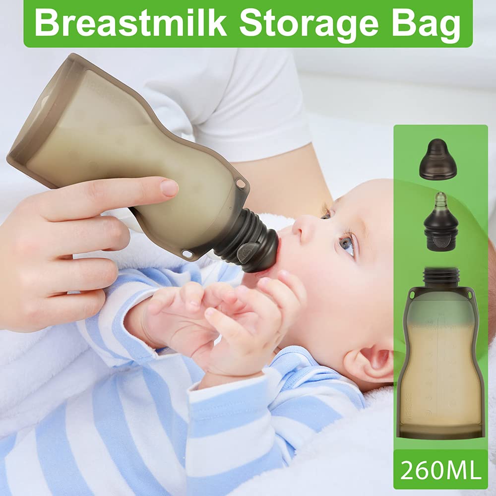 haakaa Silicone Breast Milk Storage & Feeding Bags (9oz,1pcs with Teat) - Soft & Washable Baby Feeding Pouch, Squeezable Baby Food Storage Bag for Self-Feed