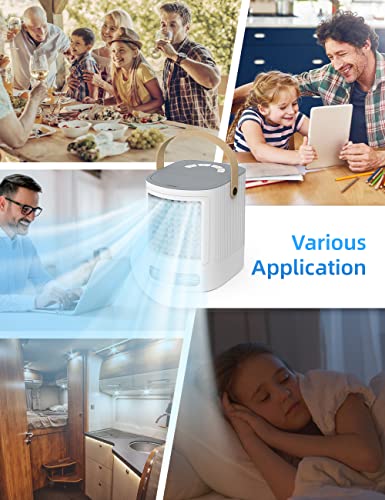 3-IN-1 Portable Air Cooler, USB Powered Desktop Cooling Fan, 3 Levels Spray Humidify & 3 Speeds Personal Air Conditioner Fan w/8 Night Light Modes, Evaporative Air Cooler for Small Room/Office/Camping