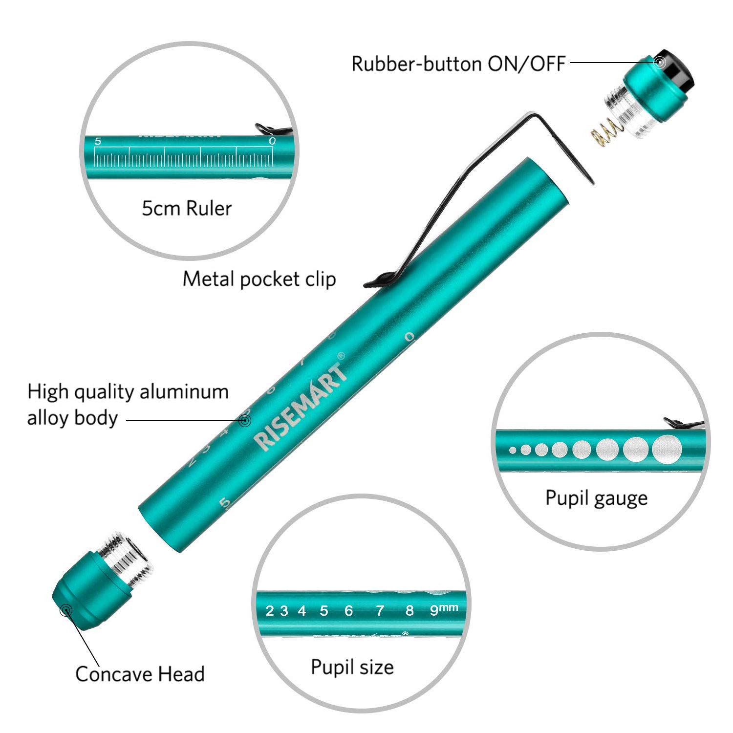 Pen Light, RISEMART Reusable LED Medical Penlight for Nurse Students Doctors with Pupil Gauge, Extra Warm Light Bulb, Pocket Clip and Batteries Included