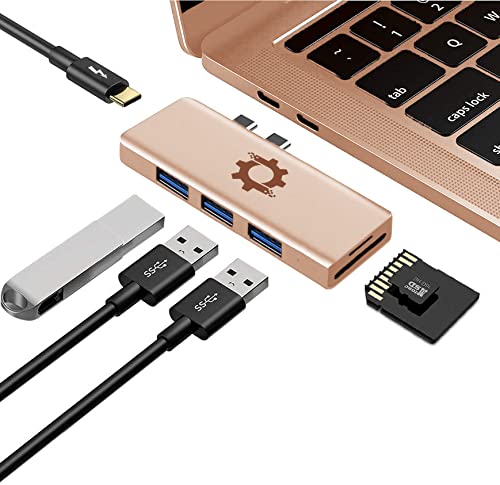 NOV8Tech USB C Hub Gold 6in2 Slim Adapter for MacBook Air M1 2018-2022, Pro M1 2016-2022, Mini Docking station Thunderbolt 3 100W Power Delivery, USB C Data & 3X USB 3.0 Ports, Micro SD/SD Card Reader