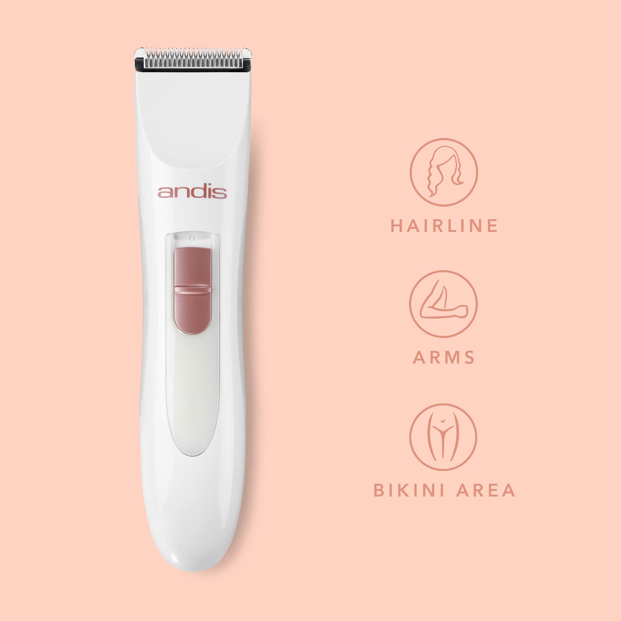 Andis 24630 Women's Personal Electric Trimmer - Detachable Stainless-Steel Blade - for Legs, Underarms Hair Removal - Rechargeable Cordless Slim Design - 6-Piece Kit, White