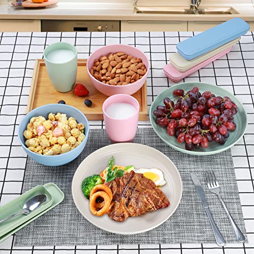 28PCS Kitchen Wheat Streaw Dinnerware Sets, Wheat Straw Plates and Bowls Sets, College Dorm Dinnerware Dishes Set for 4 with Cutlery Set (Beige)