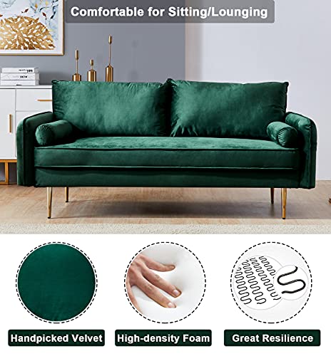 SLEERWAY Velvet Couch with 2 Small Pillows, Modern Loveseat Sofa Twin Size Contemporary Sofas for Living Room and Bedroom (Green)
