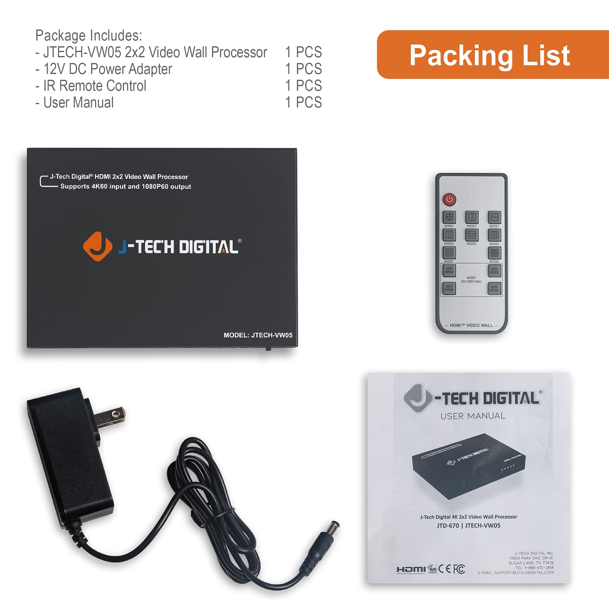 J-Tech Digital 4K60Hz 2x2 Video Wall Controller Processor 4k60Hz in, 1080P60hz out w/ Image Rotation, 8 Display Modes. HDCP 1.4 [JTECH-VW05]