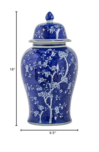 18" Porcelain Jar with Lid - Blue & White Cherry Blossom Print - Perfect for Any Room in Your Home