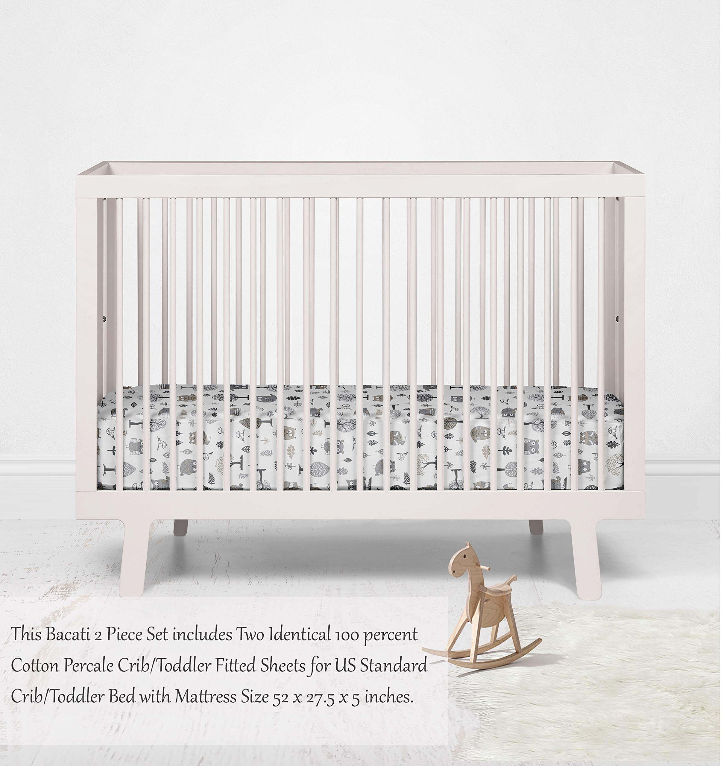 Bacati - 2 Pack Woodlands Bears Bison Owls Printed Neutral 100% Cotton Universal Baby US Standard Crib or Toddler Bed Fitted Sheets (Beige/Grey)
