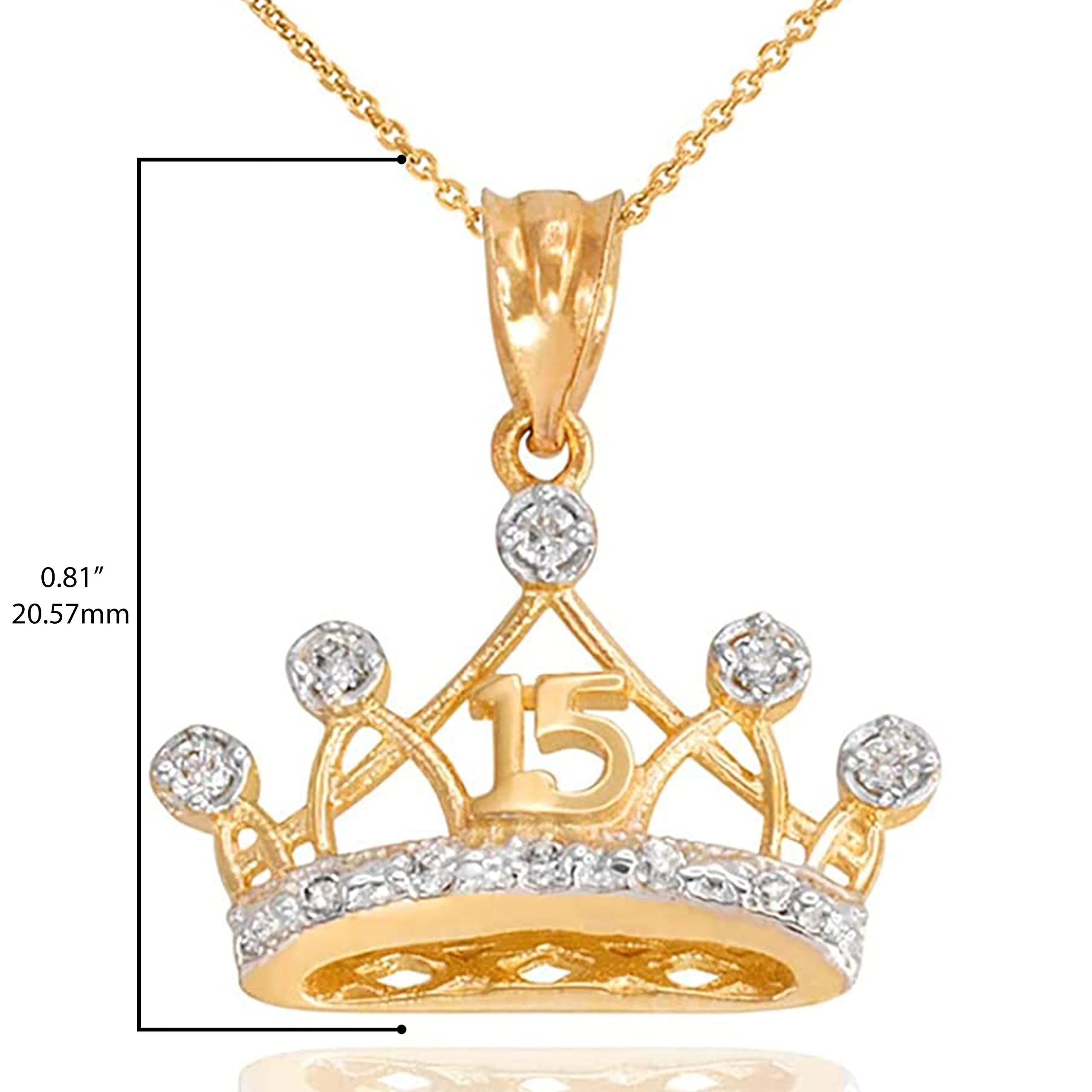 10K Yellow Gold White Cubic Zirconia 4/5" Sweet 15 Anos Quinceanera Crown Pendant Necklace - 16"