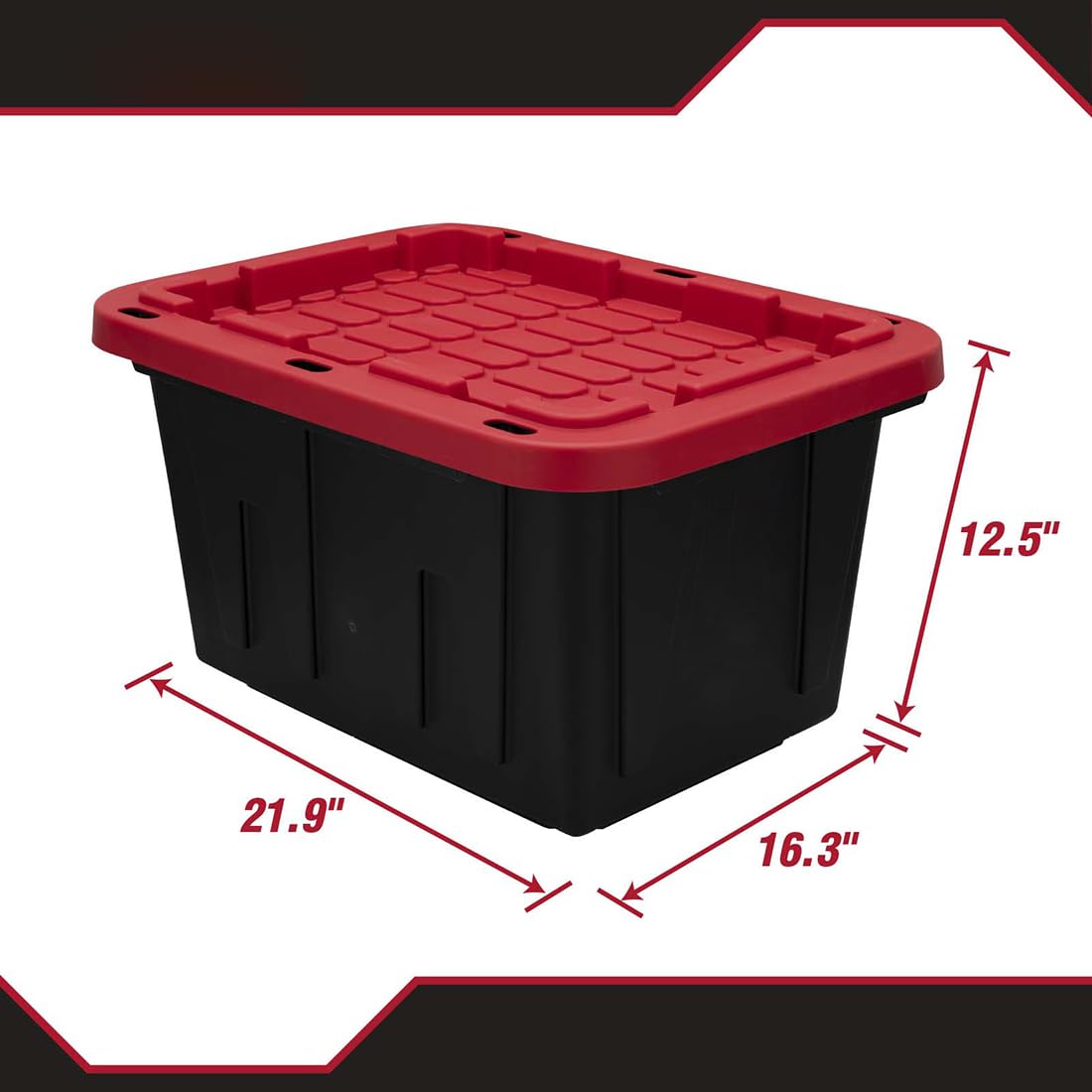12 Gallon Snap Lid Plastic Storage Bin Container, Multipurpose Stackable Plastic Lockable Storage Tote Tub Box, Racer Red Lid w/Black Base Home Storage Bins for Basements, Garage, Closets, Set of 4