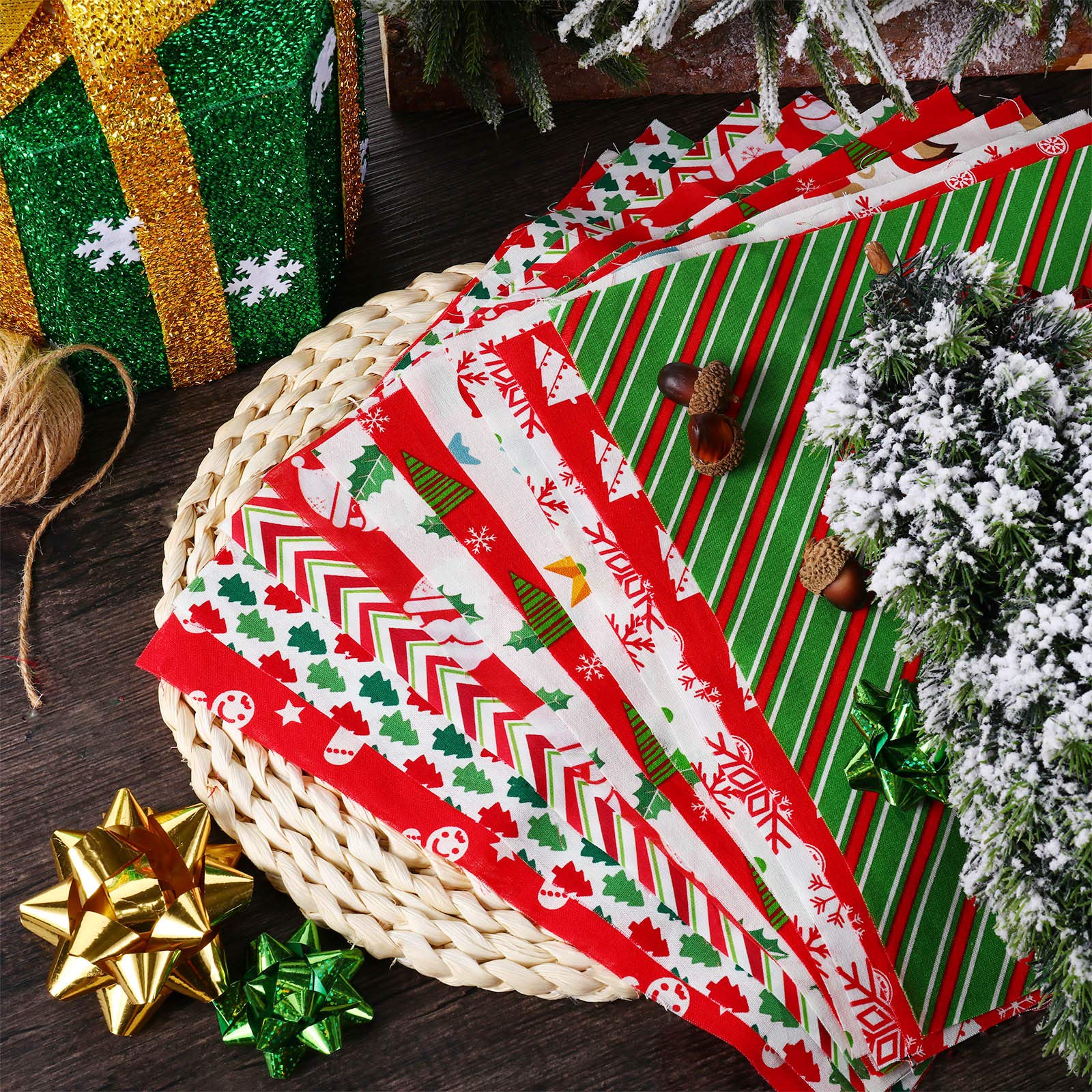 12 Pieces 11.8 x 11.8 Inches Christmas Fabric Bundles Multi-Color Fabric Patchwork Christmas Tree Fat Quarters for DIY Craft Christmas DIY Quilting