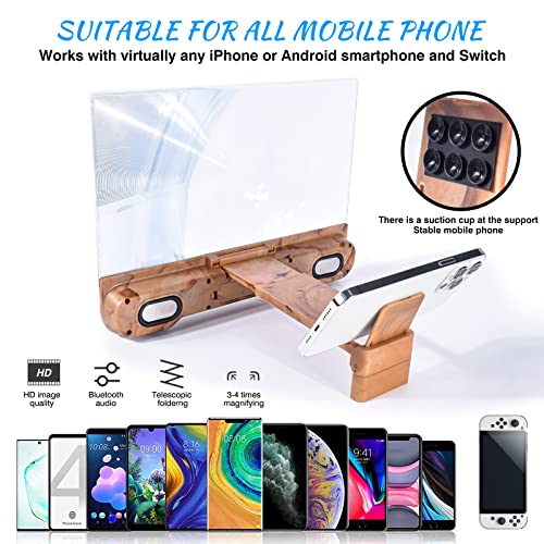 14 inch Phone Screen Magnifier with Bluetooth Speaker,Mobile Phone Screen Amplifier with 2-in-1 Foldable Stretch Stand Holder Portable 3D Screen Magnifying Glass for All Smartphones(Wood Grain)