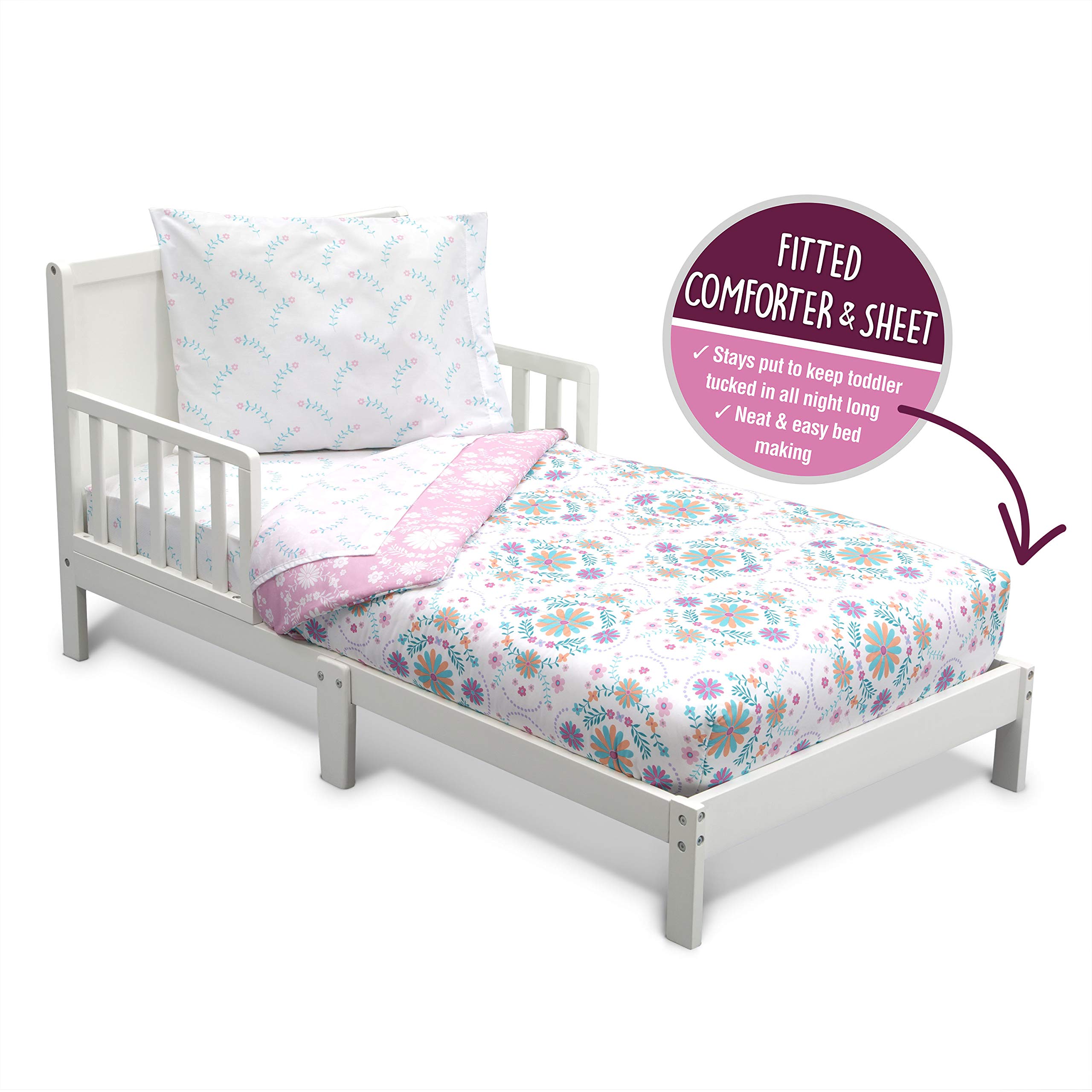 Delta Children Toddler Bedding Set | Girls 4 Piece Collection | Fitted Sheet, Flat Top Sheet w/Elastic Bottom, Fitted Comforter w/Elastic Bottom, Pillowcase, Bohemian | Pink/Multi