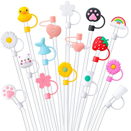 16 Pieces Reusable Drinking Straw Tips Lids Anti-dust Silicone Straw Caps for 7-8 mm Straws Airtight Seal Splash Proof Straw Tips Covers (Flower Animal Style)
