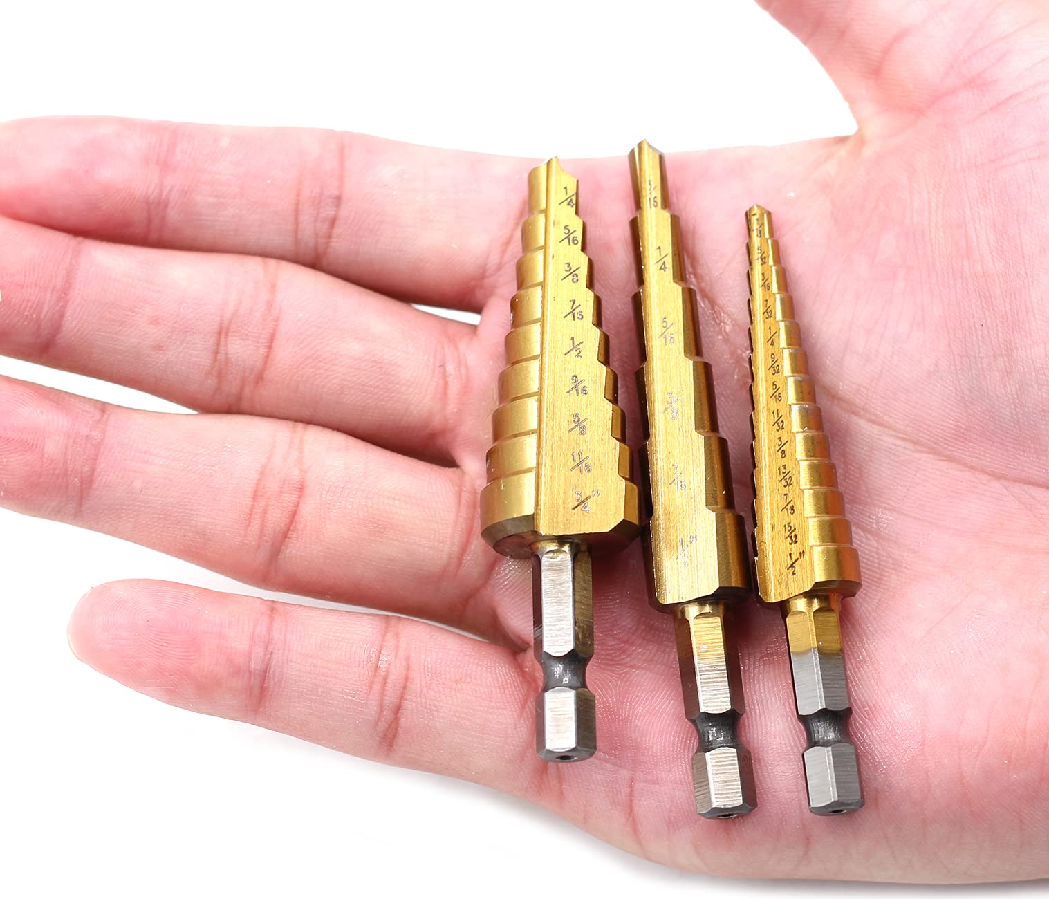 1/4" Hex Shank Titanium Coated HSS 4241 Uni Bit Multi-Size Step Drill Bit Set for Woodworking Quick and Easy Hole Drilling, 3 Pics, 3/16" -1/2",1/4"-3/4",1/8"-1/2"