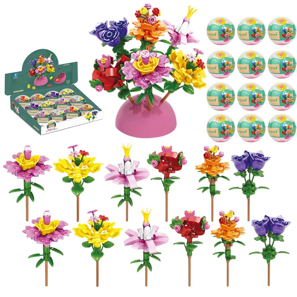 12PCS Easter Gifts for Kids,Easter Egg Fillers with DIY Flower Garden Building Block,Artificial Flowers Building Blocks Set for Easter Party Decorations(12PCS Bouquet)