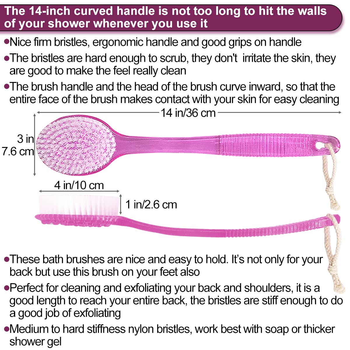 Back Bath Brush - Curved Long Handle Shower Brush with Medium Stiff Bristles for Exfoliating Body, Back Scrubber for Men & Women (Pink 2 Pack)