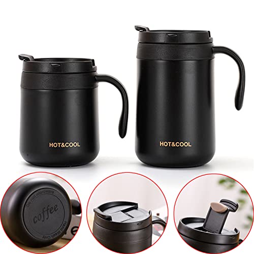 12oz/18oz Insulated Coffee Mug with Handle and Lid, Double Wall Vacuum Stainless Steel Coffee Travel Mug, Tumbler Cup,Reusable and Durable Travel Coffee Cup Thermal Cup, Black 18oz