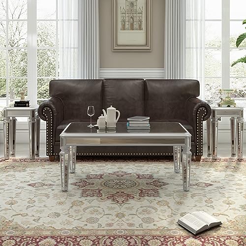 3-Piece Coffee table and End Tables Set,Glass Mirrored Coffee Table with Adjustable Height Legs and Crystal Design,Fashionable Cocktail Table,Easy Assembly Rectangular Glass Coffee Table,Silver