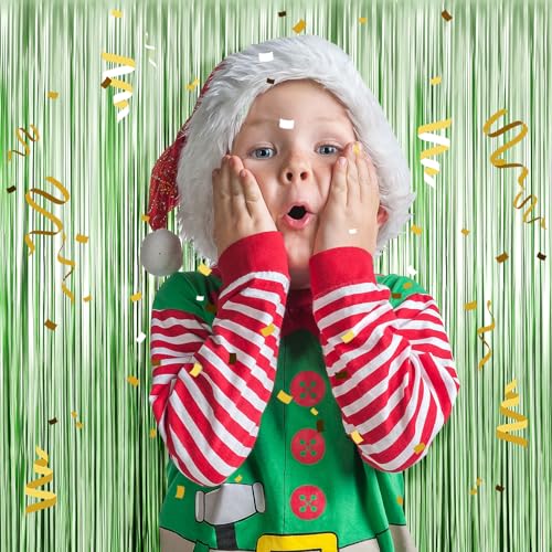 3 Pack Foil Curtains Metallic Foil Fringe Curtain-JVIGUE,Birthday Party Photo Backdrop Wedding Event Decor (Pale Green Decorative Streamers)