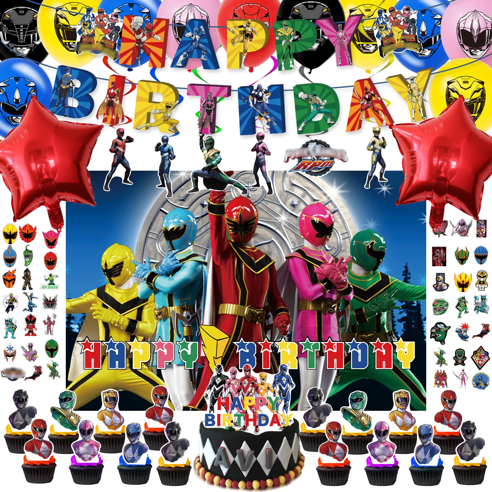 109pcs Cartoon Party Suppliesincludes Birthday Banner, Cake Topper, Cupcake Toppers, Balloons, Tablecloth,Backdrop02