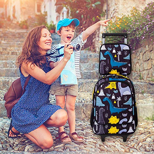 3PCS Kids Rolling Backpack, Boys Roller Wheels Bookbag, Wheeled School Bag with Lunch Bag - Dinosaur