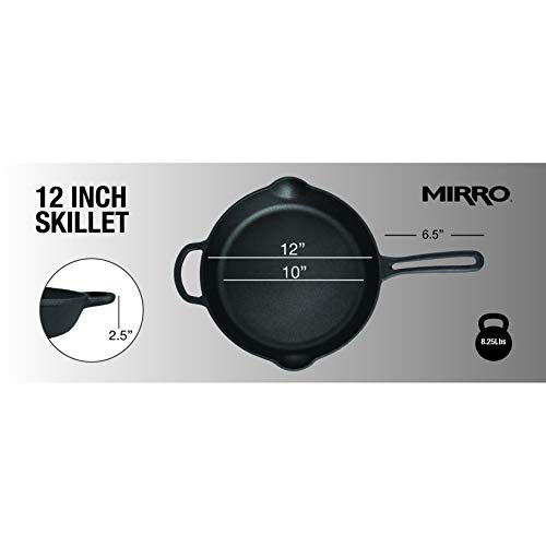 Mirro MIR-19053 12" Pre-Seasoned Ready to Use Round Cast Iron Skillet with Helper Handle, Black