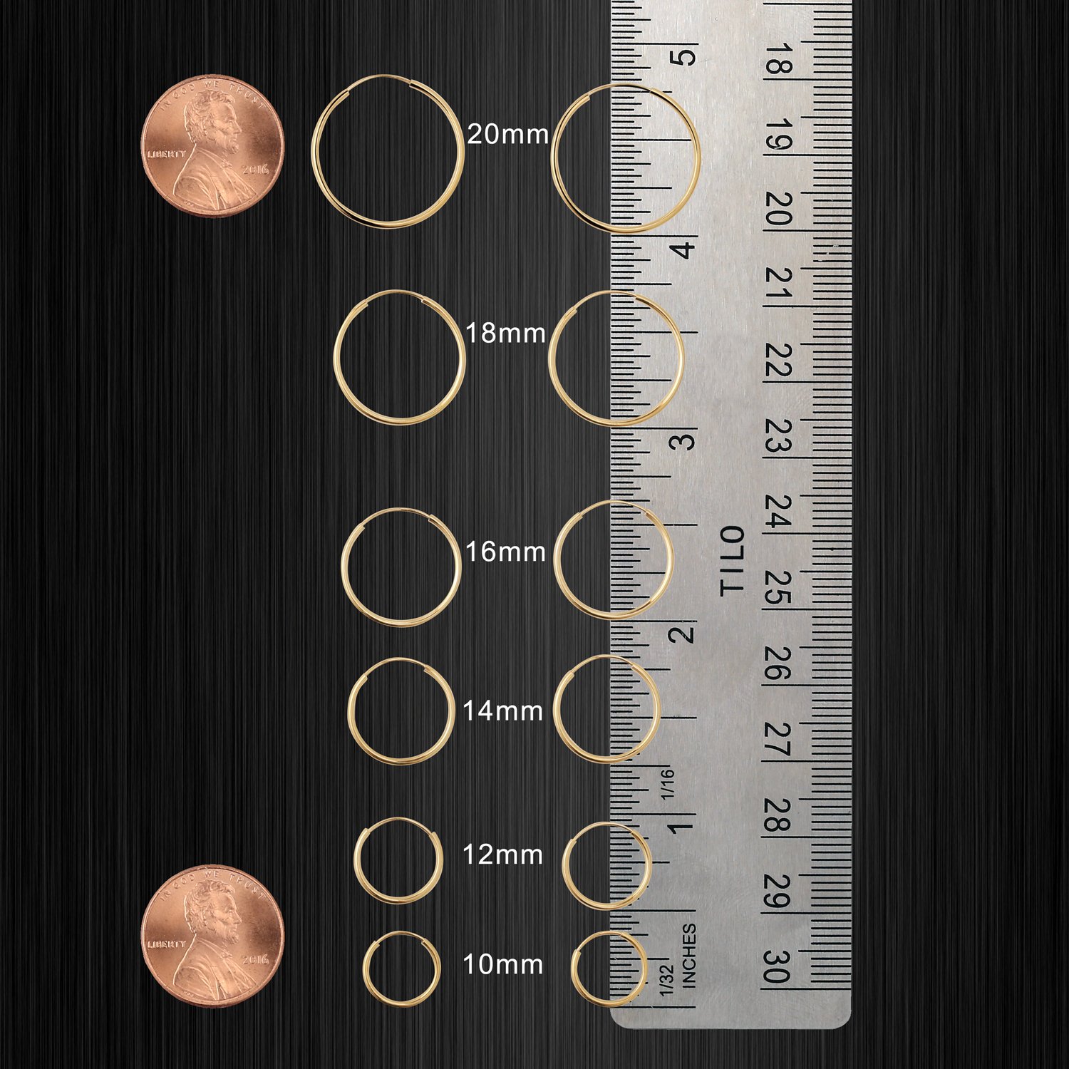 14k Yellow Gold Round Endless Hoop Earrings - 10-18mm (12 Millimeters)……